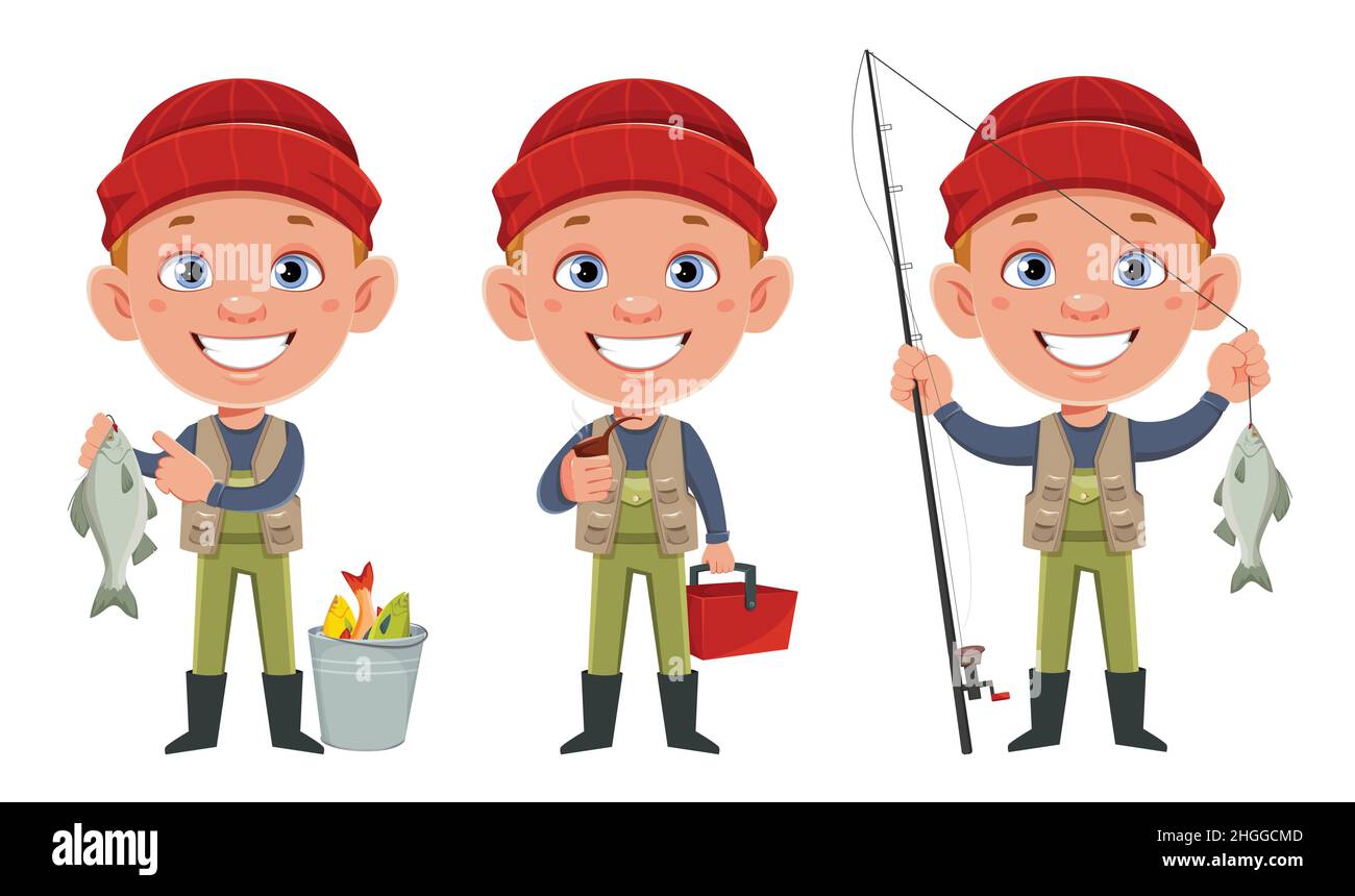 Fisherman, set of three poses. Cheerful fisher cartoon character. Stock ...
