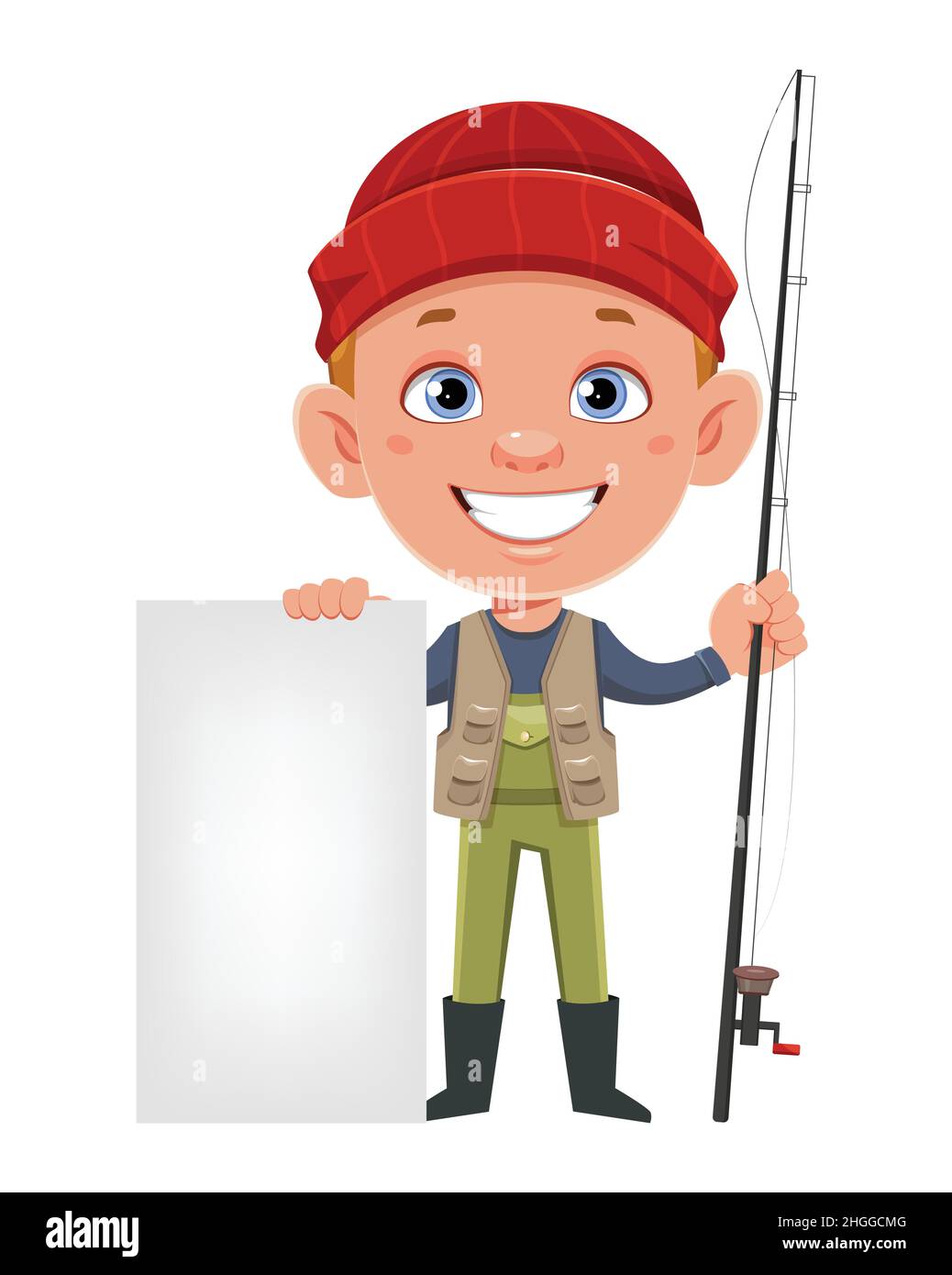 Fisherman holding fishing rod and blank placard. Cheerful fisher ...