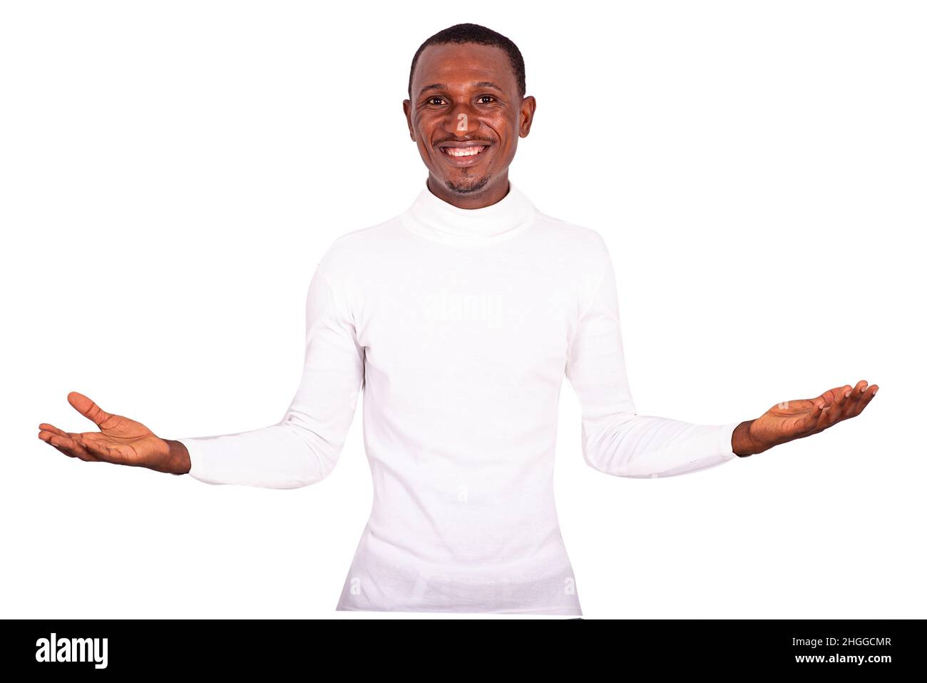 handsome happy adult businessman, spreading hands and smiling at camera ...