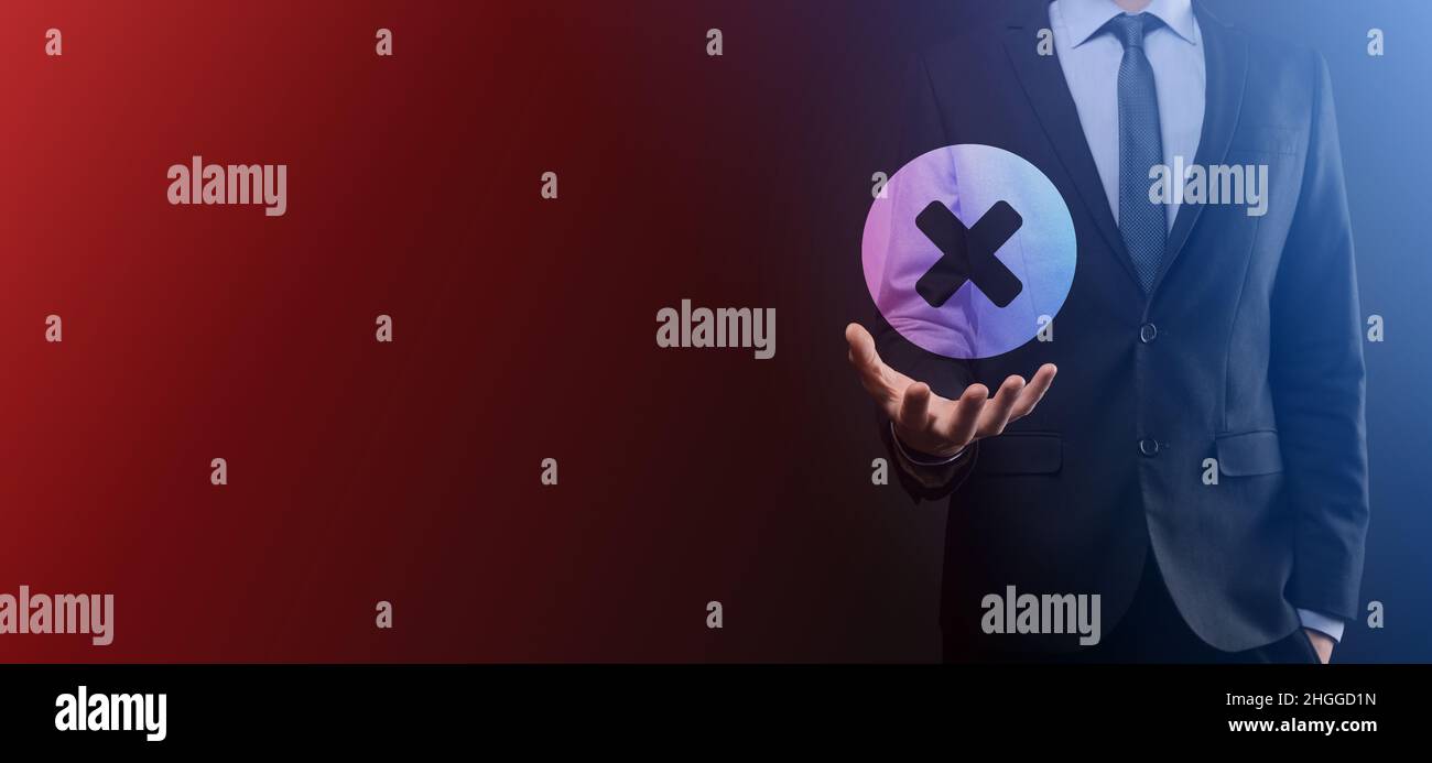 Hand holds icon,cancellation symbol,cancel icon.Cross mark flat red ...