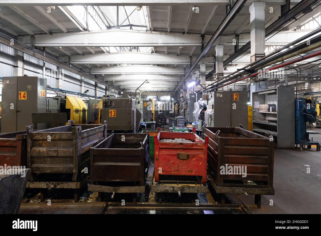 The interior of a big industrial building of factory with steel ...