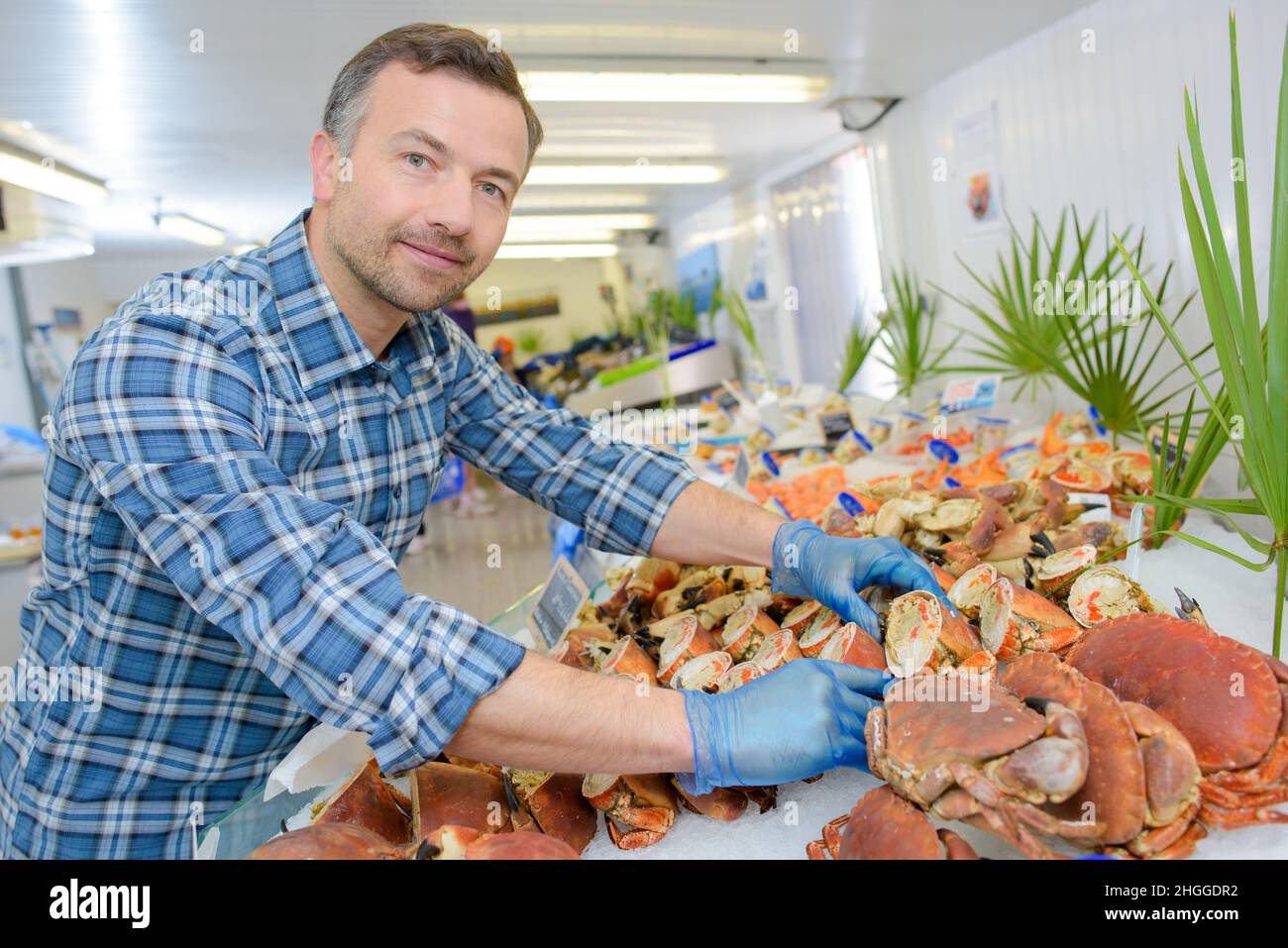 a portrait of a fishmonger selling crabs Stock Photo - Alamy