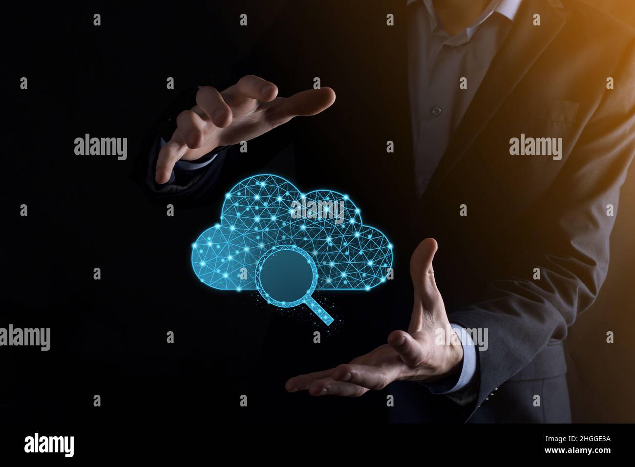 Cloud technology. Polygonal wireframe cloud storage sign with search ...