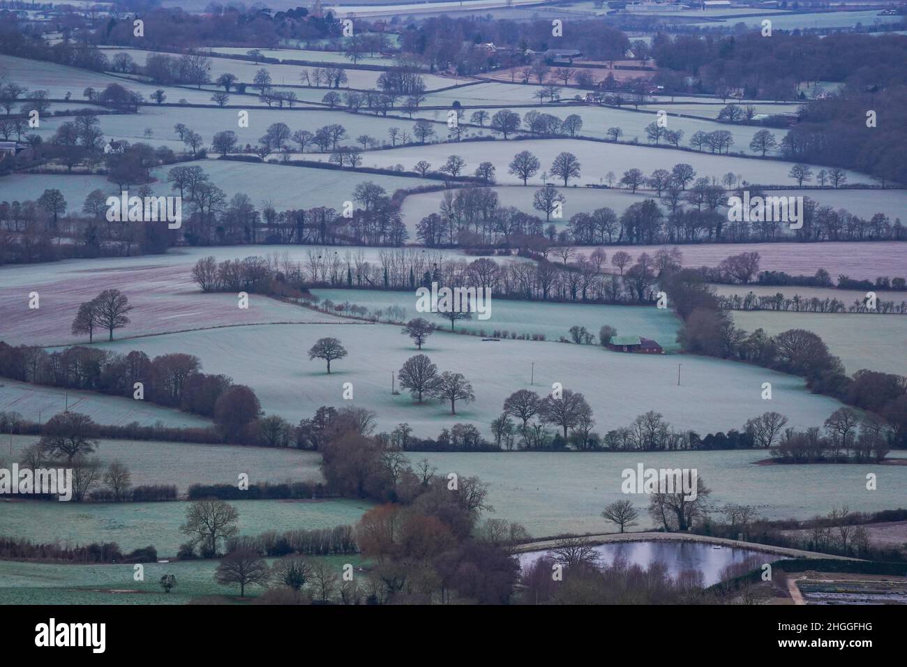Fields in Worcestershire as seen from the Malvern Hills during a cold ...