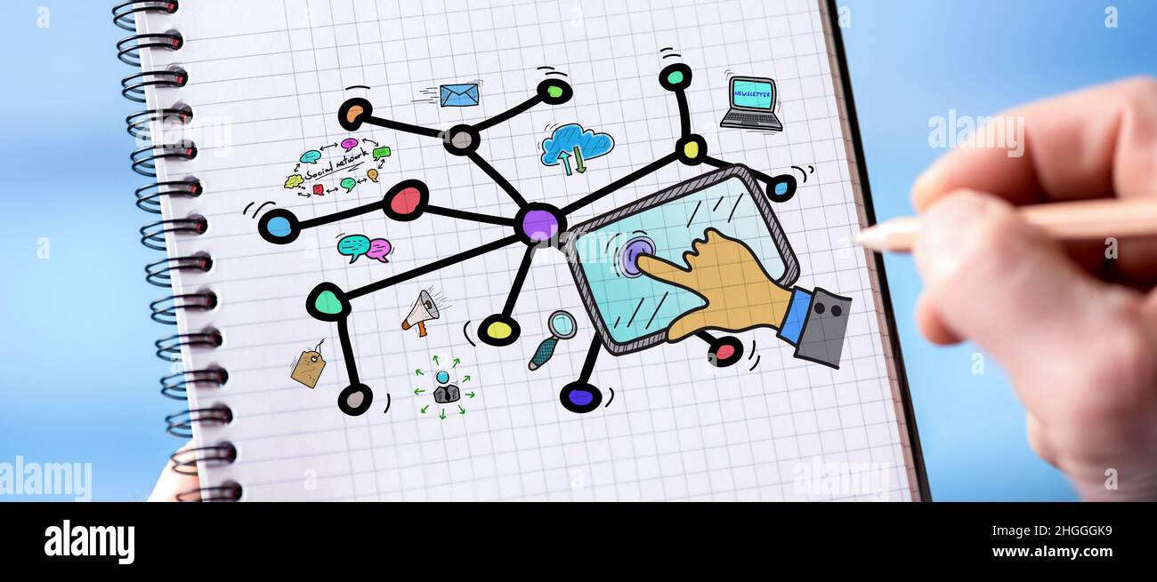 Hand drawing social network concept on a notepad Stock Photo - Alamy