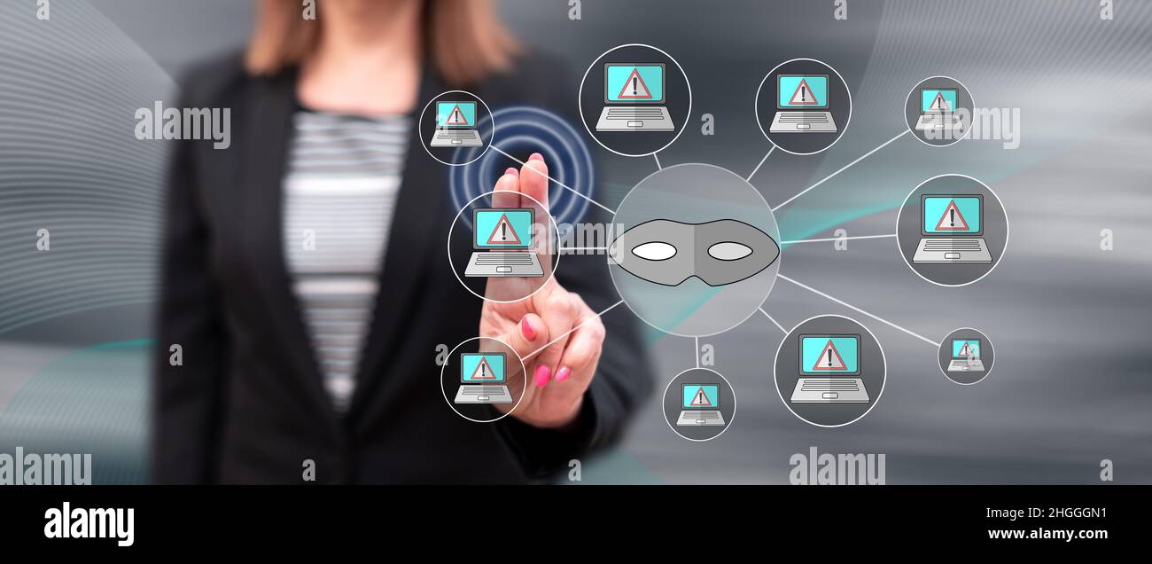 Woman touching a cyber attack concept on a touch screen with her ...