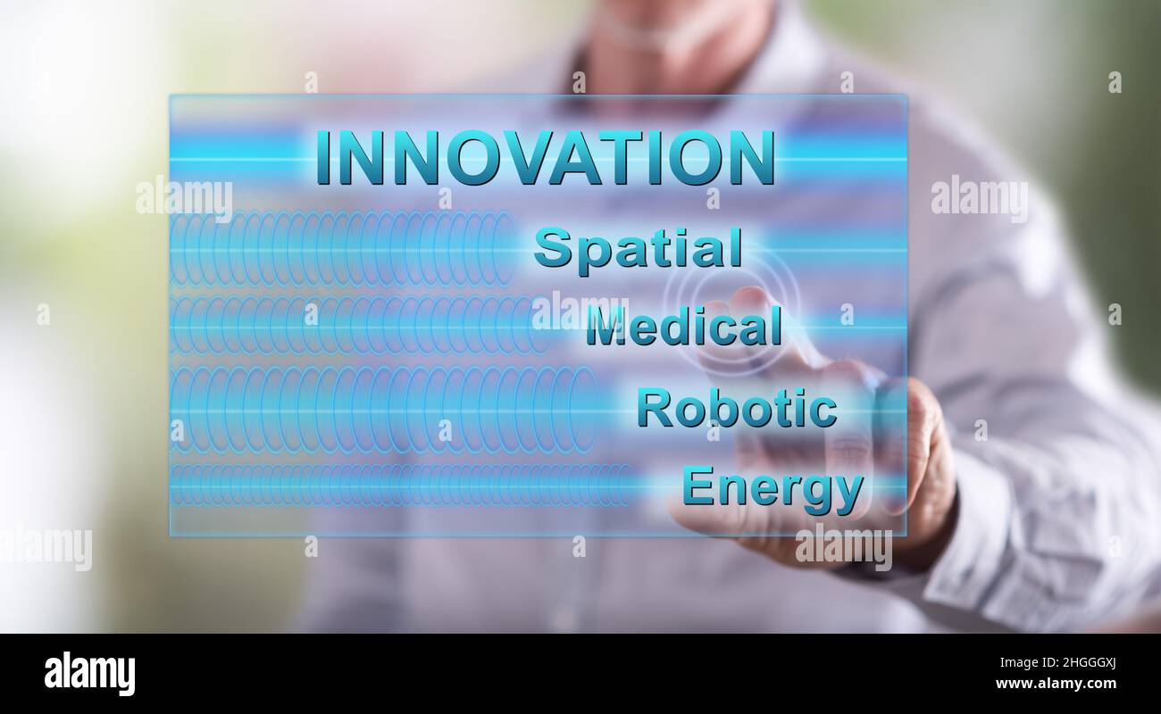 Man touching an innovation concept on a touch screen with his finger ...