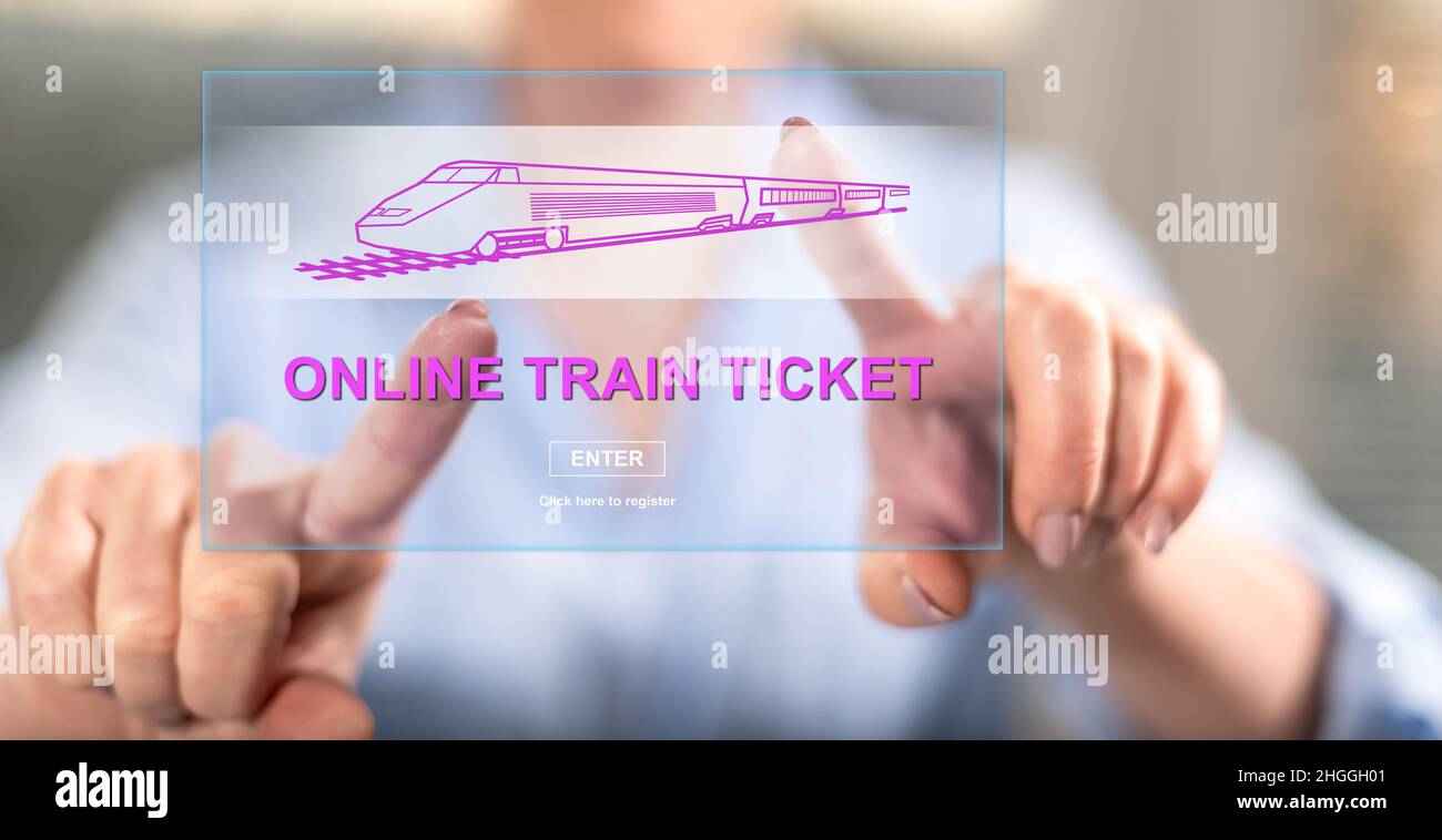 Woman touching an online train ticket concept on a touch screen with ...