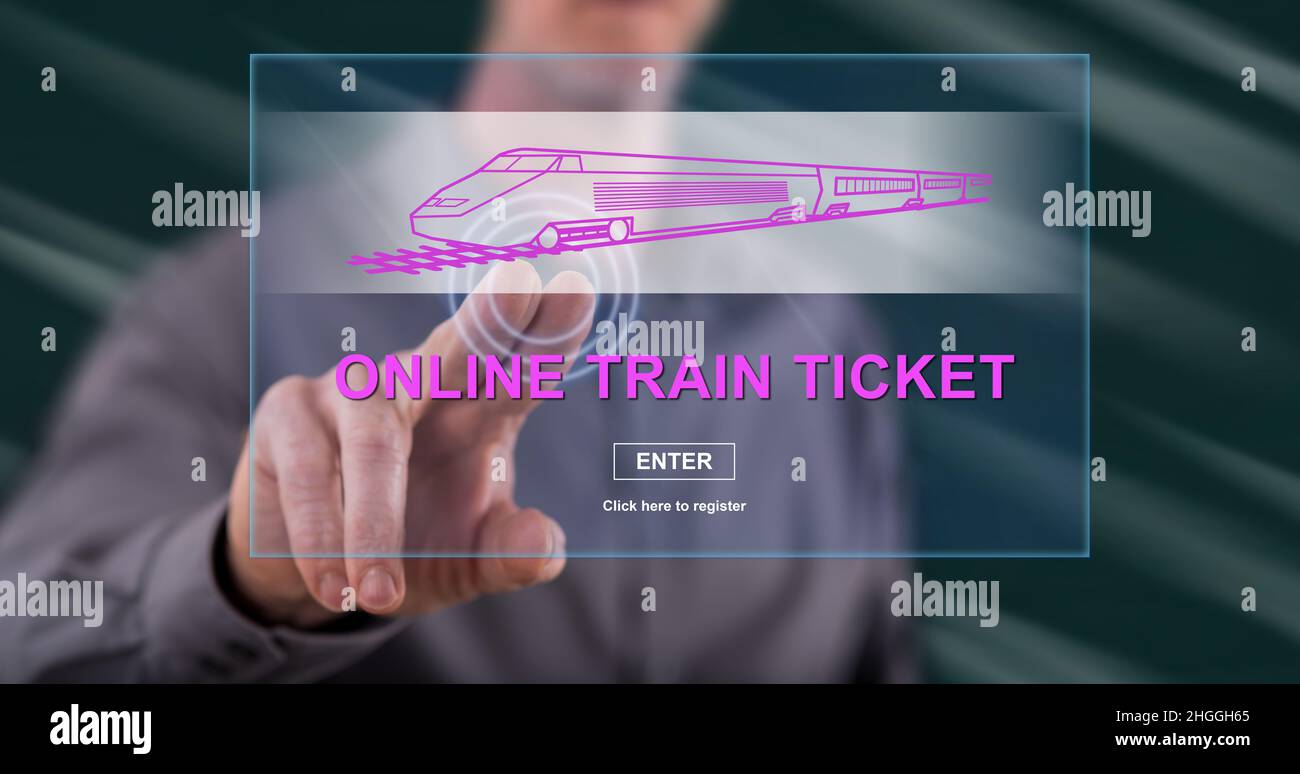 Man touching an online train ticket concept on a touch screen with his ...