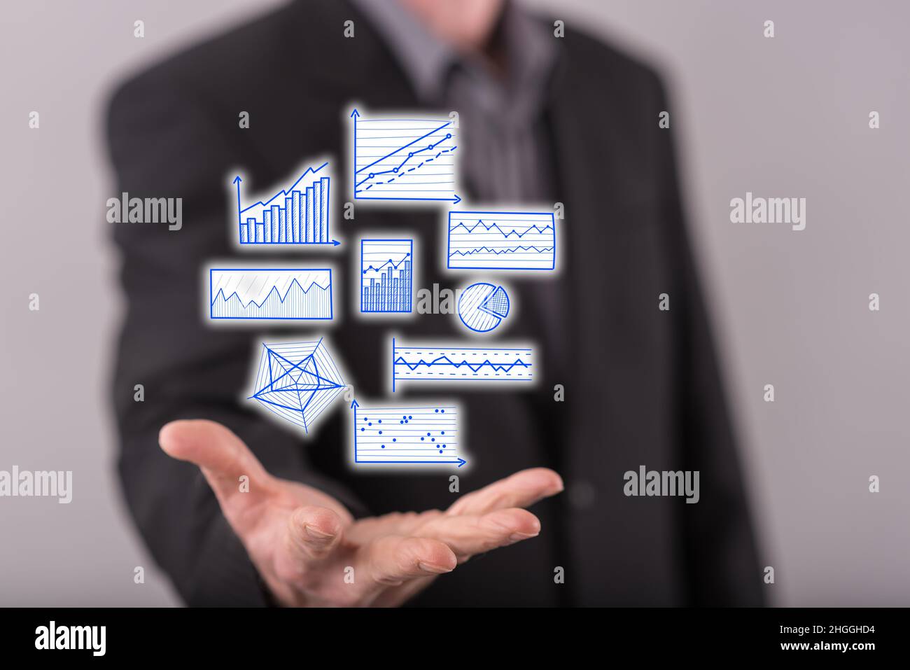 Data analysis concept above the hand of a man in background Stock Photo ...
