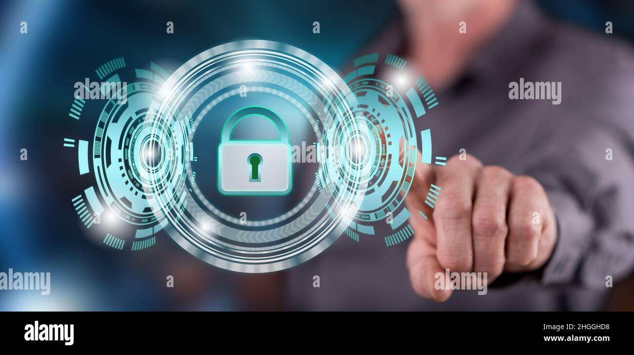 Man touching a data security concept on a touch screen with his finger ...