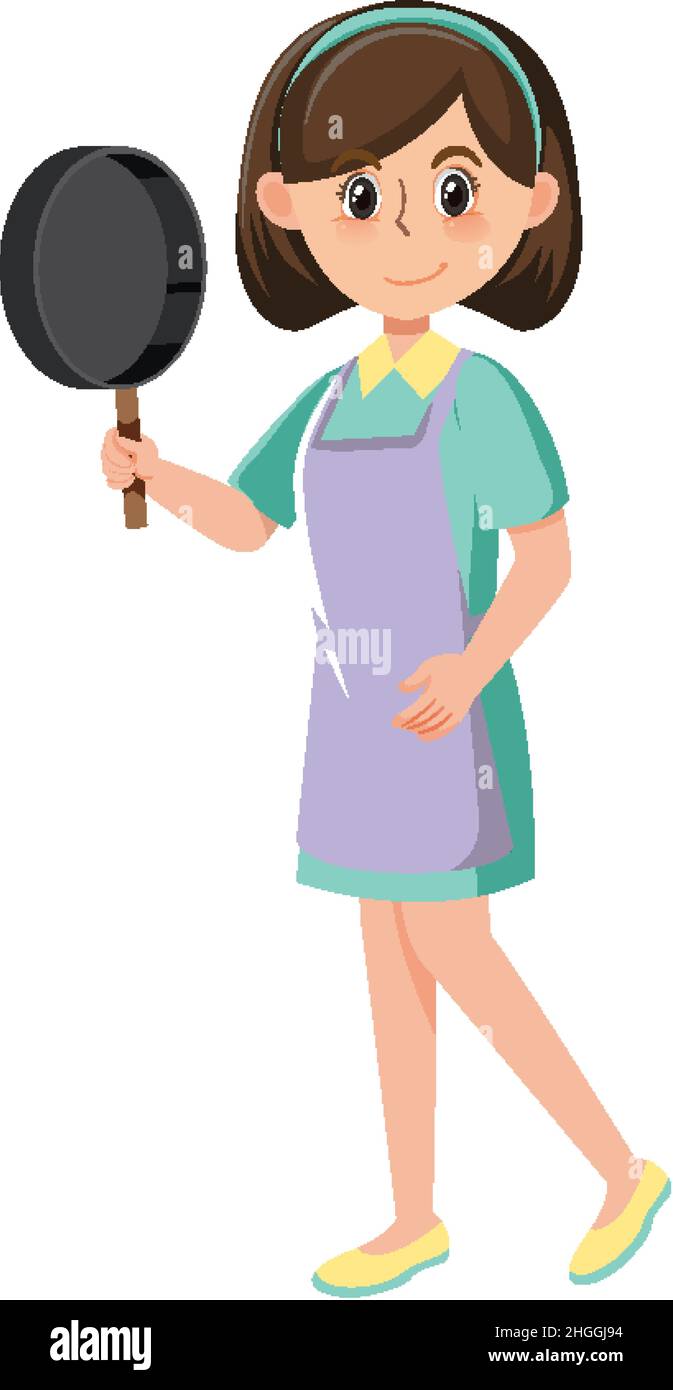 A woman holding a pan wearing apron cartoon character on white ...