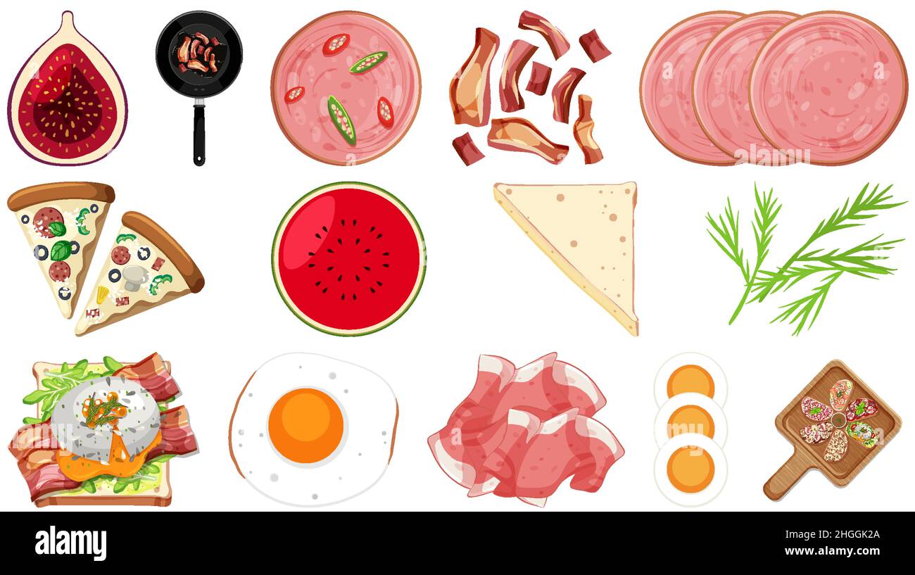 Collection of food ingredients on white background illustration Stock ...