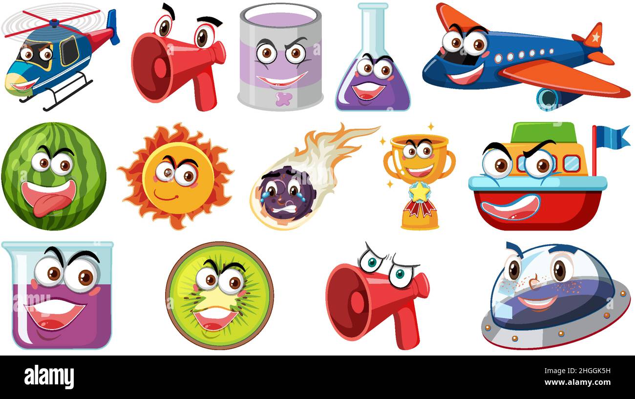 Set of different toy objects with smiley faces illustration Stock ...