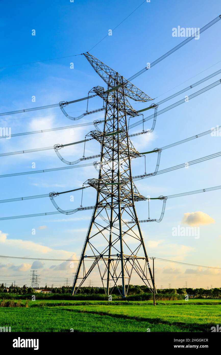 High voltage power tower industrial landscape at sunrise,urban power ...