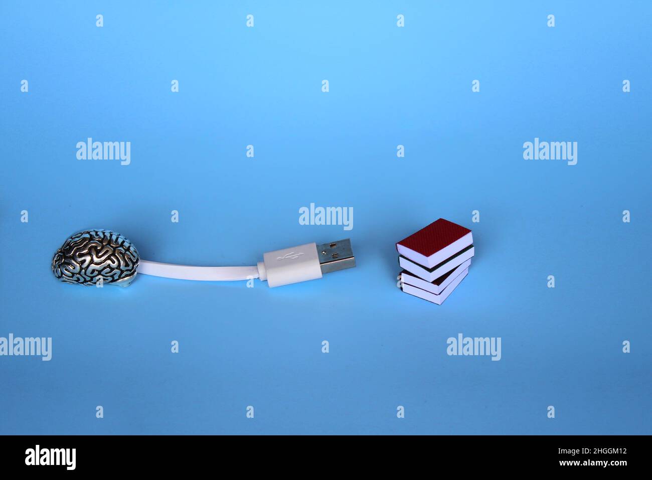 Study, learning, knowledge transfer concept. White cable, brain model ...