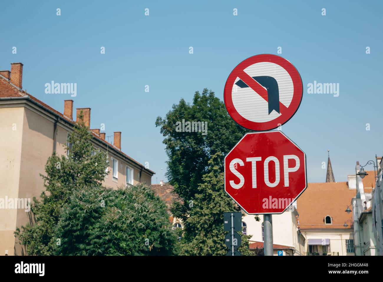Stop Sign on Sibiu old town street in Romania Stock Photo - Alamy