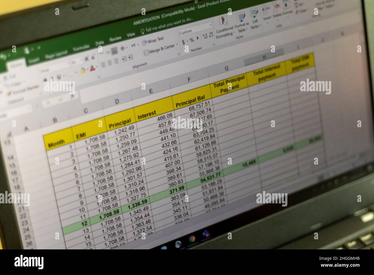 Shot of an excel sheet on laptop screen showing bank loan amortization ...