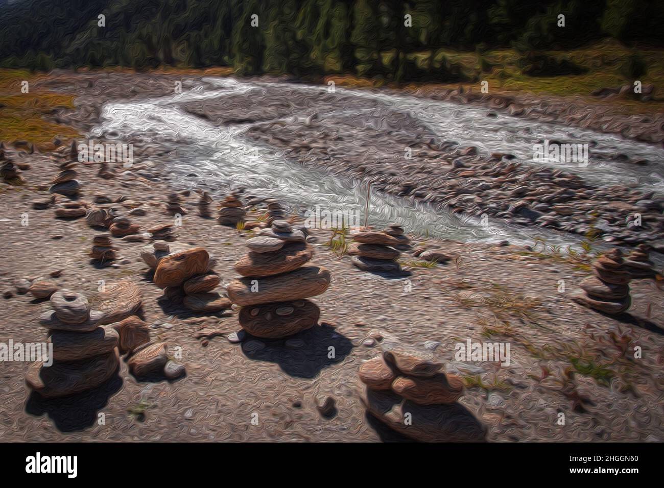 Oil painting effect of stone pyramids near a an alpine stream tilt ...