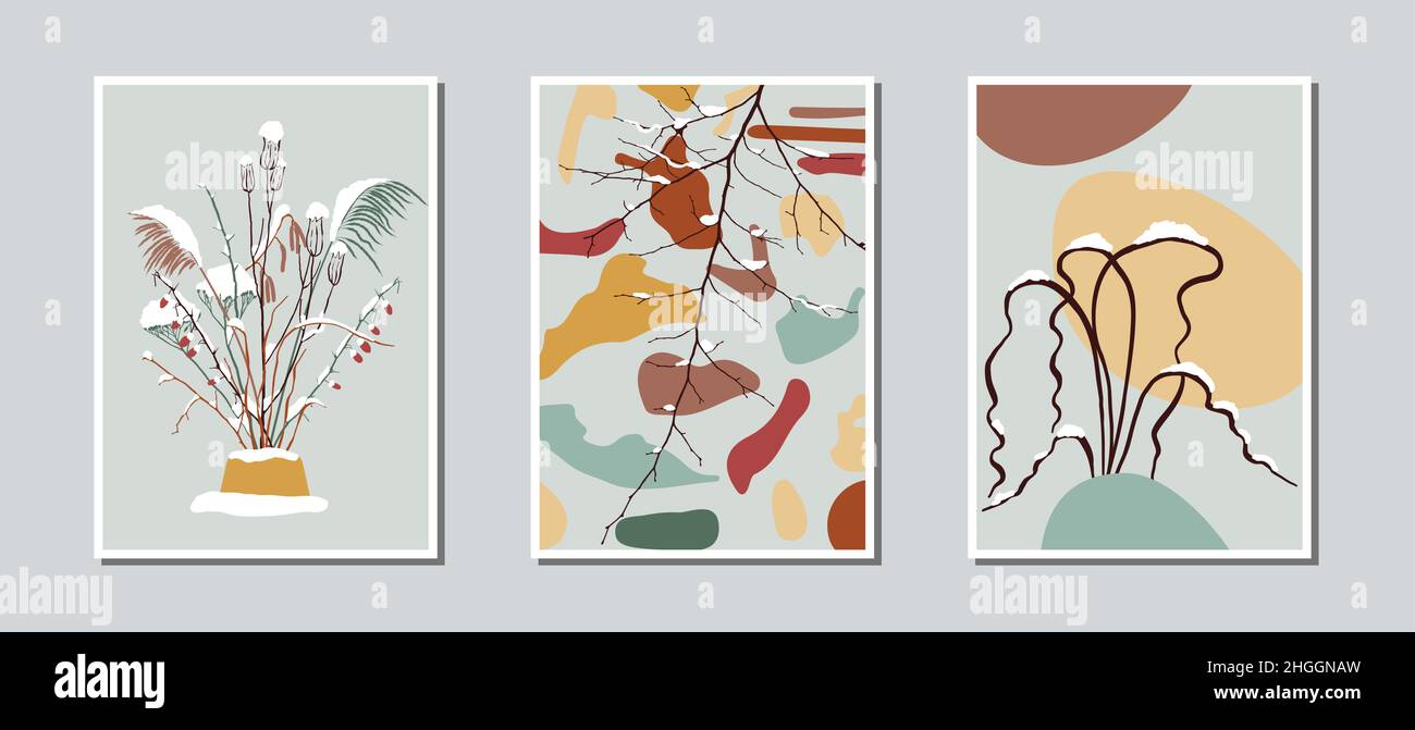 Modern abstract organic shapes and snowy plant arrangements set Stock ...