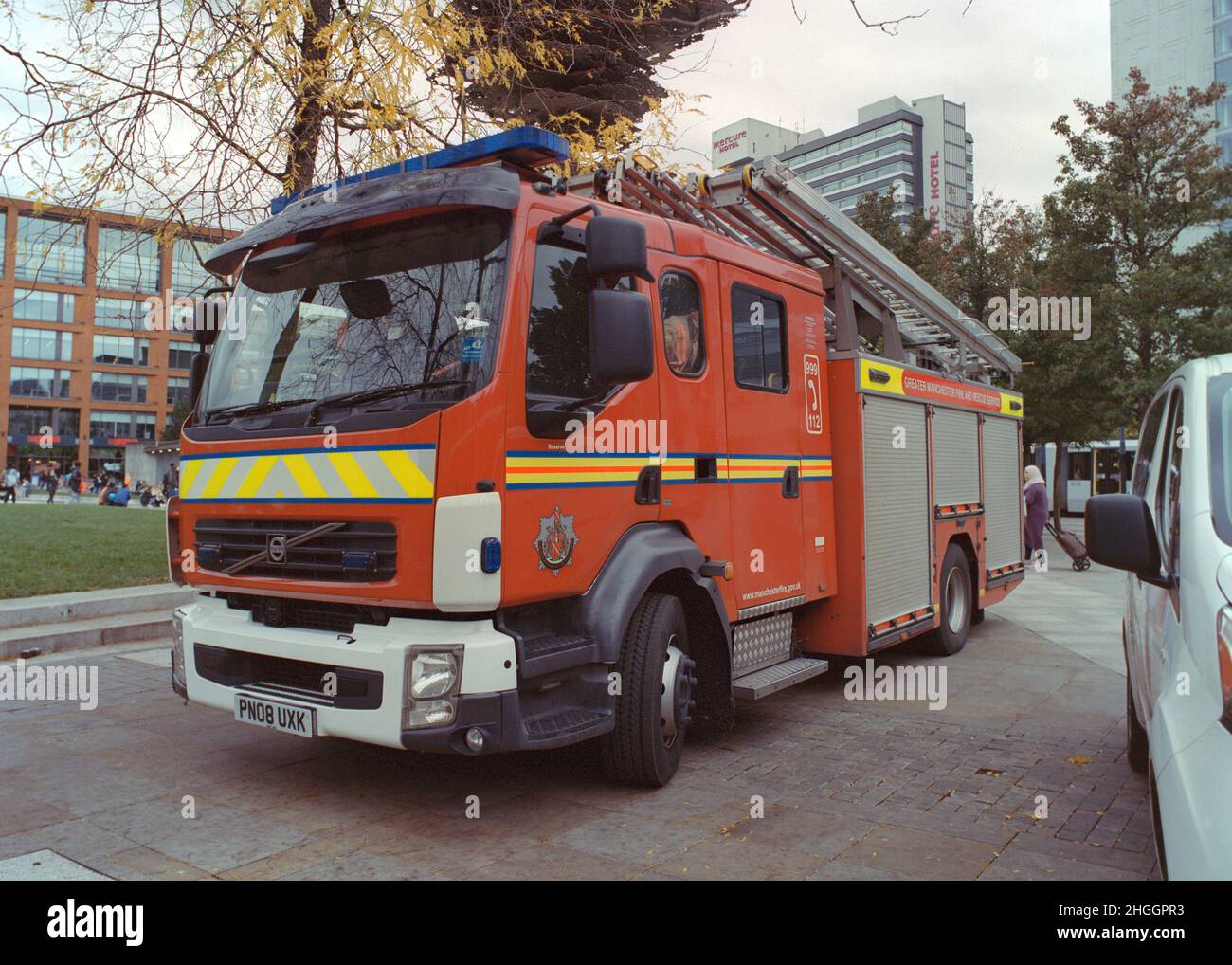 Manchester, UK - December 2021: A fire engine at Piccadilly Gardens ...