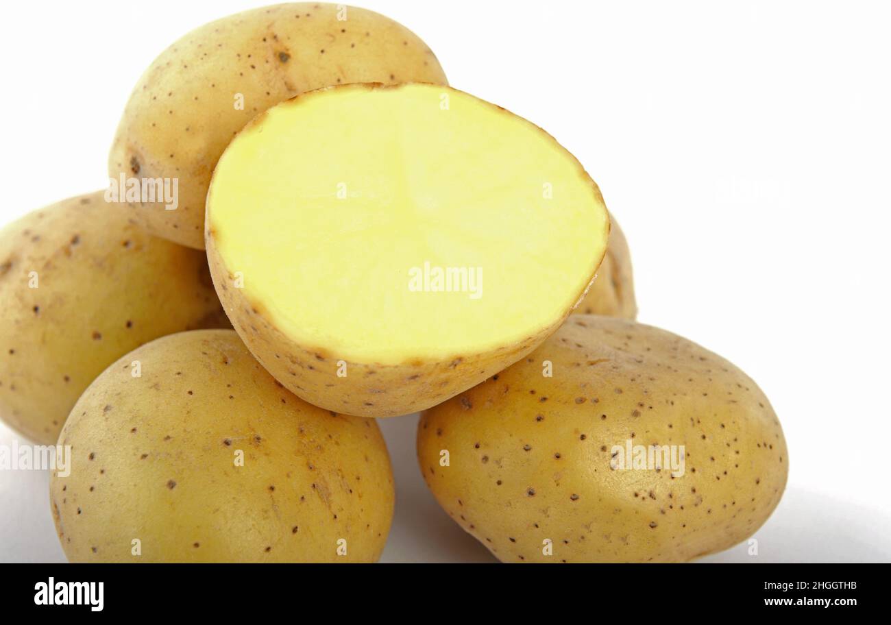 potato (Solanum tuberosum), halved tuber on whole potatoes Stock Photo ...