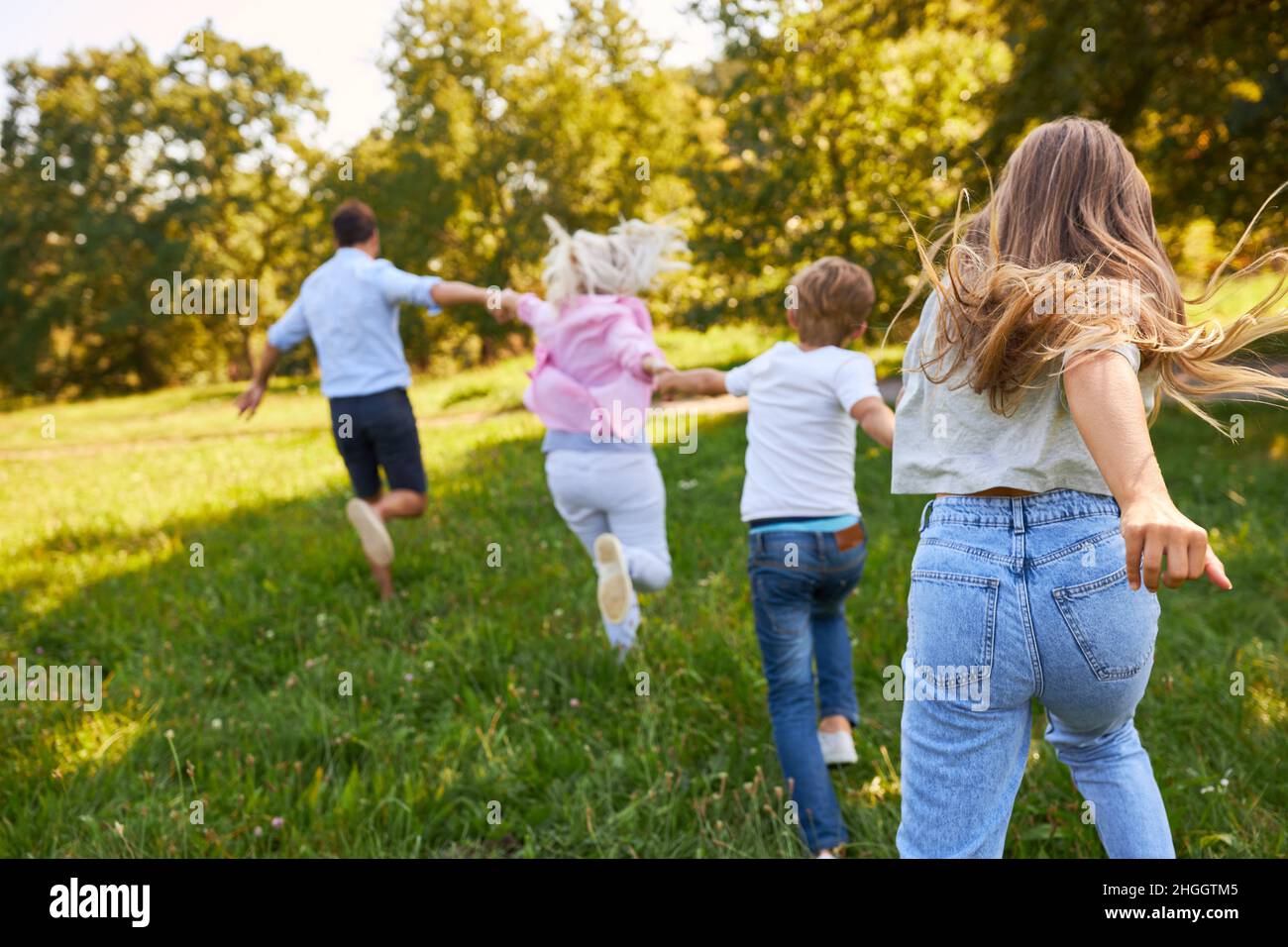 Happy family running together holding hands on a meadow in summer Stock ...