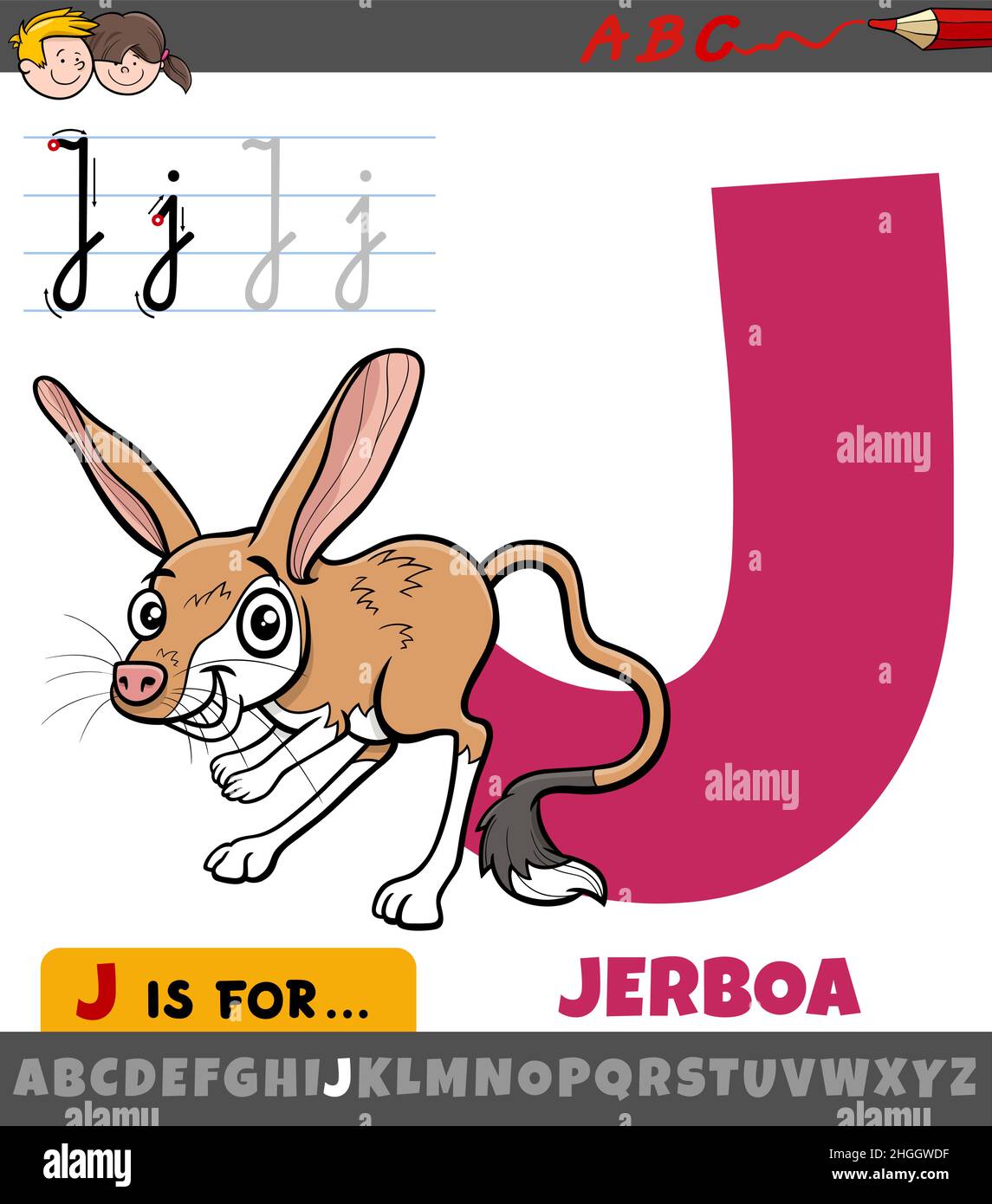 Educational cartoon illustration of letter J from alphabet with jerboa ...
