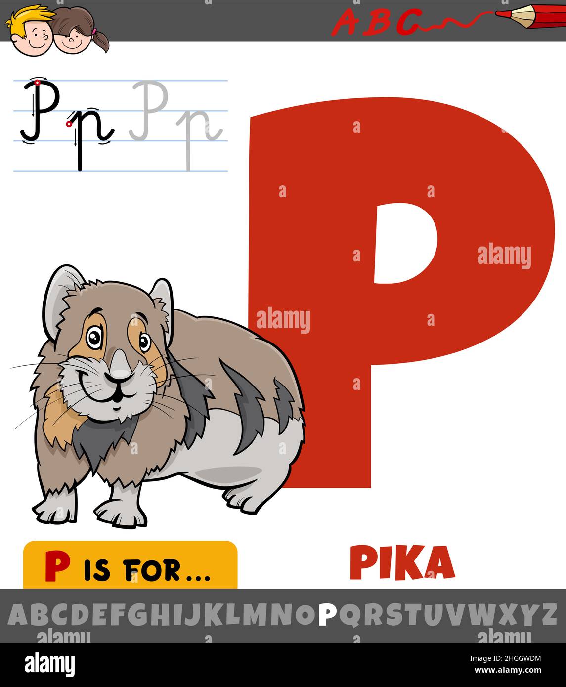 Educational cartoon illustration of letter P from alphabet with pika ...