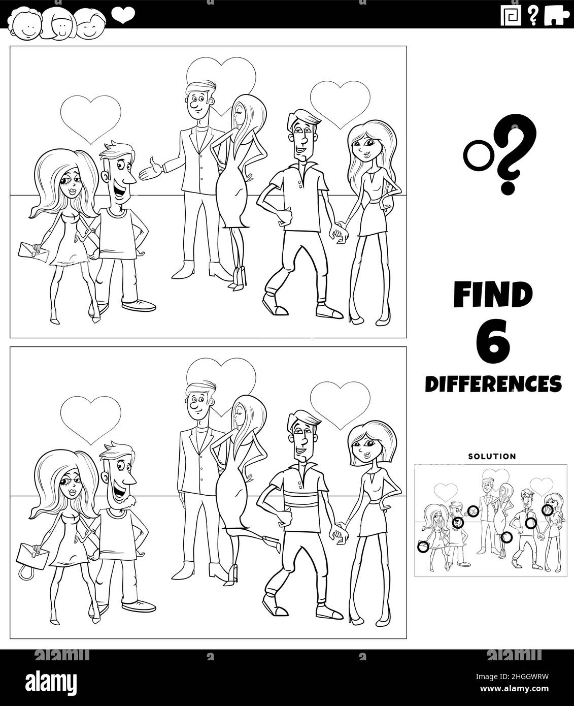 Black and white cartoon illustration of finding differences between ...
