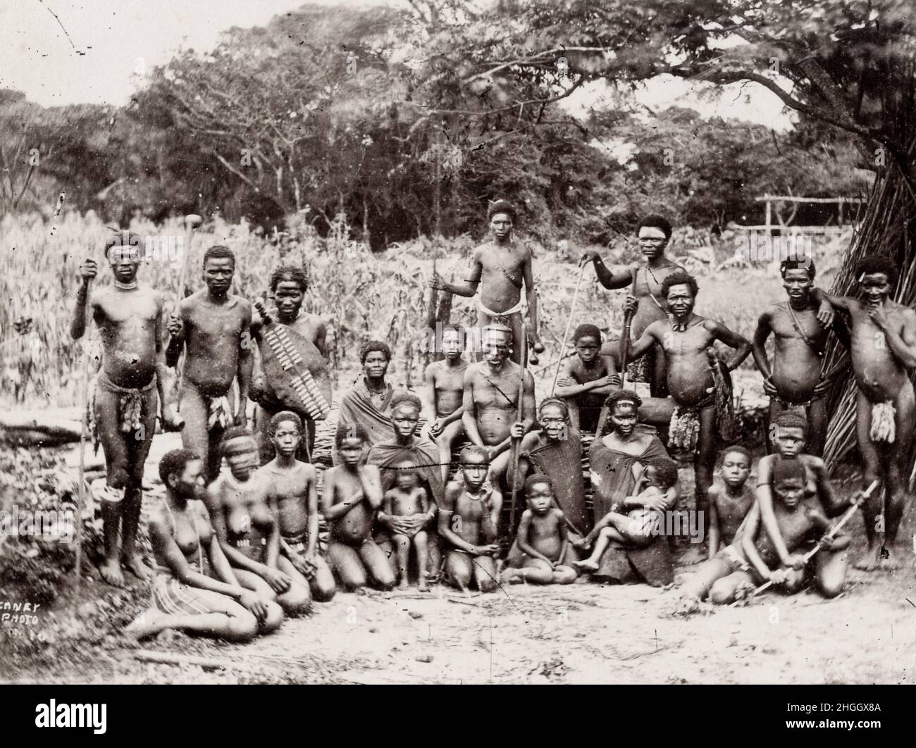 Late 19th century vintage photograph: Indigenous village group, with ...