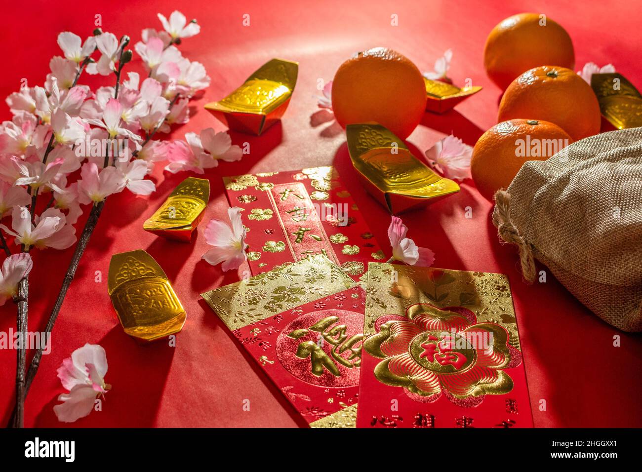 Above view accessories of Chinese new year or Mood day festival oranges ...