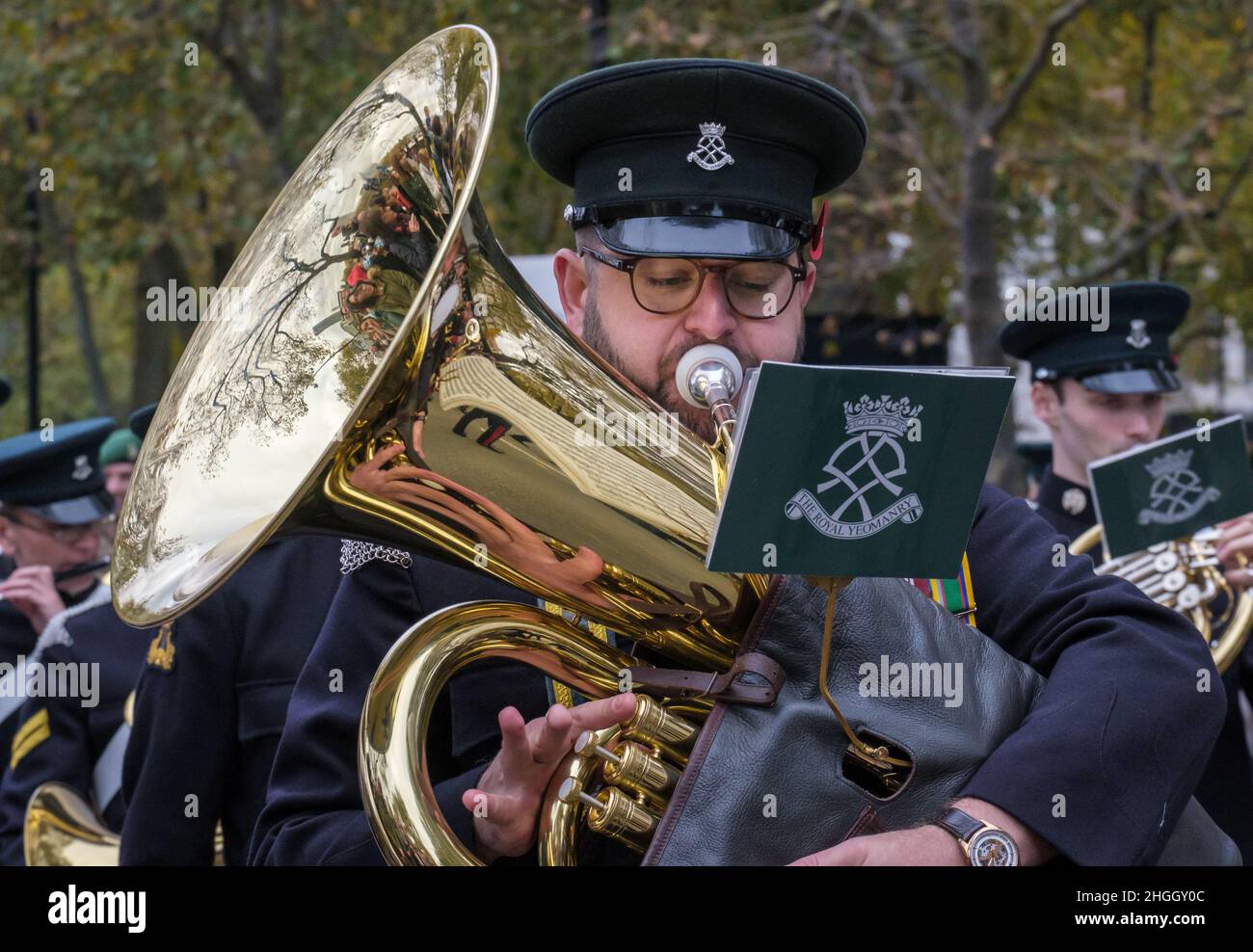 Closeup of man playing a tuba with The Band of The Royal Yeomanry (Inns ...