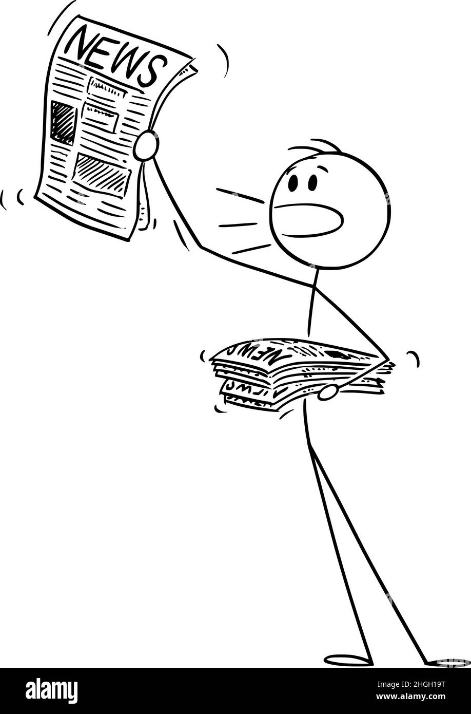 Person or Newsboy Selling Newspaper, Vector Cartoon Stick Figure ...