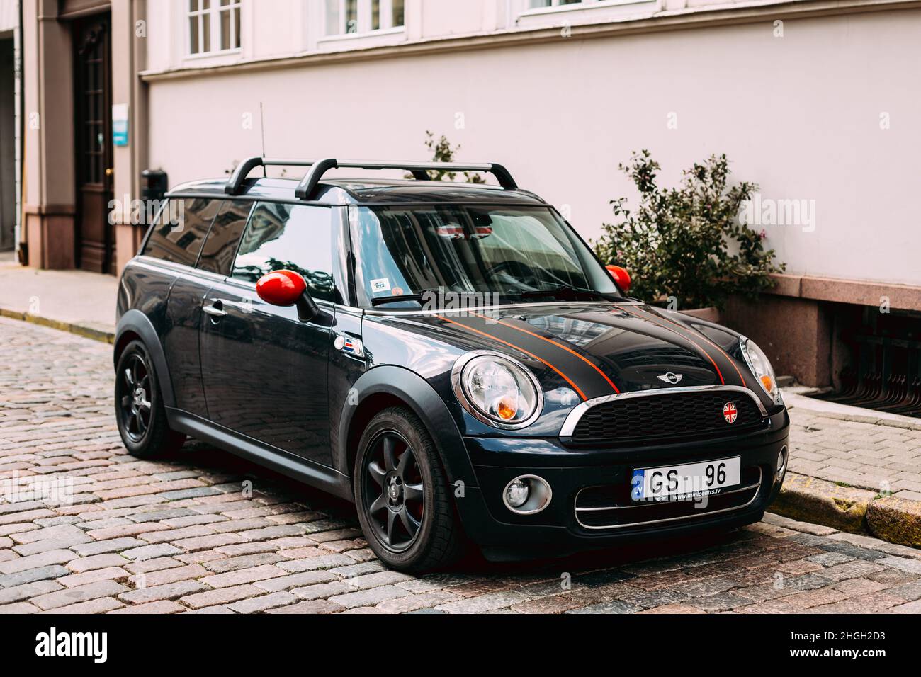 Black Color Car With Stripes Mini Cooper Clubman Parked On Street In ...