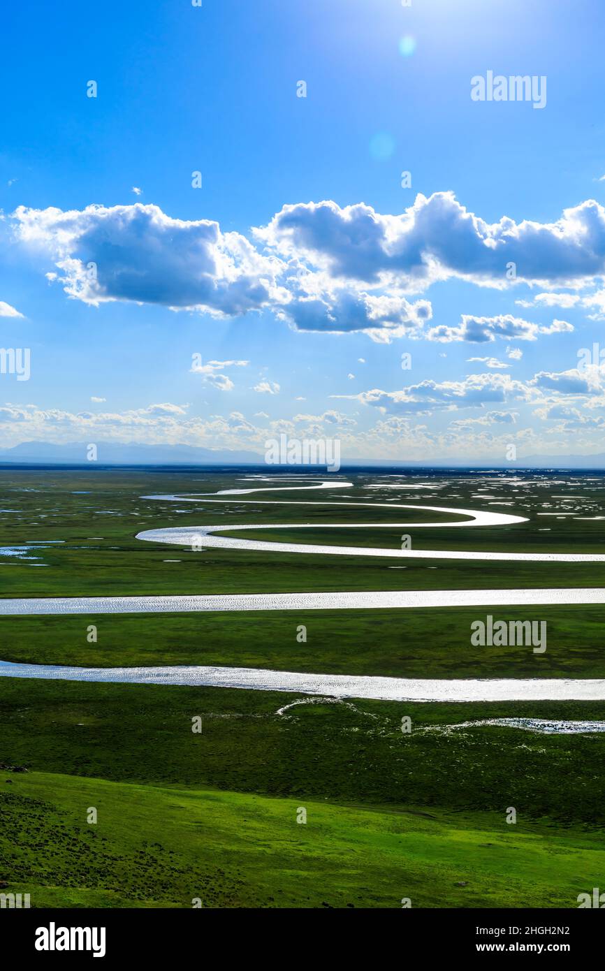 Bayinbuluke grassland natural scenery in Xinjiang,China.The winding ...
