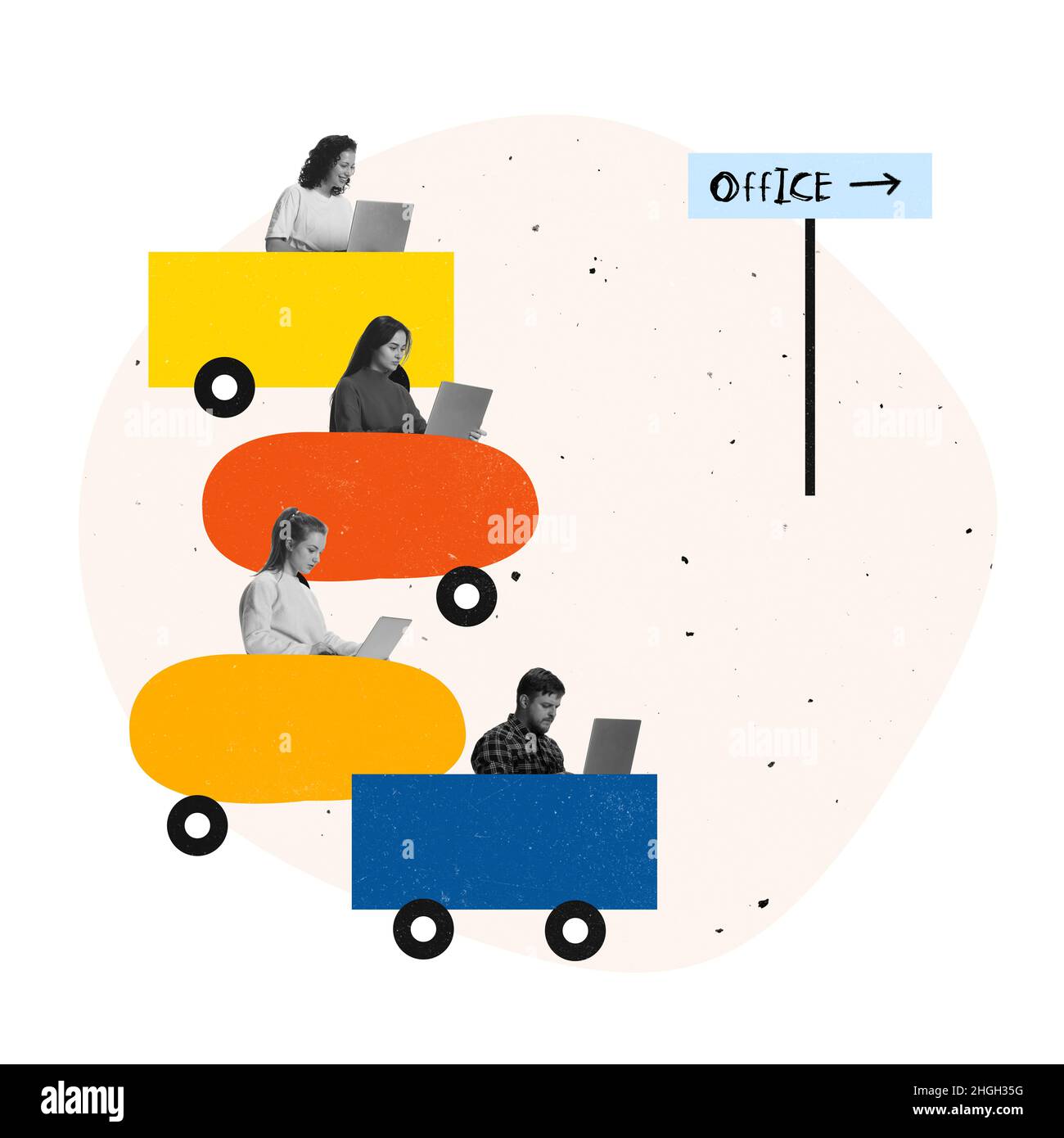 Contemporary art collage. Employees, office workers going to work by ...