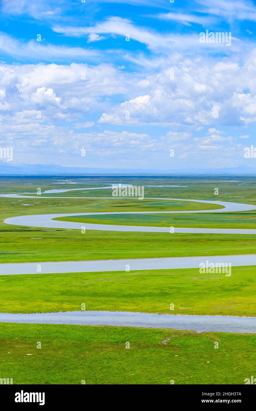 Bayinbuluke grassland natural scenery in Xinjiang,China.The winding ...