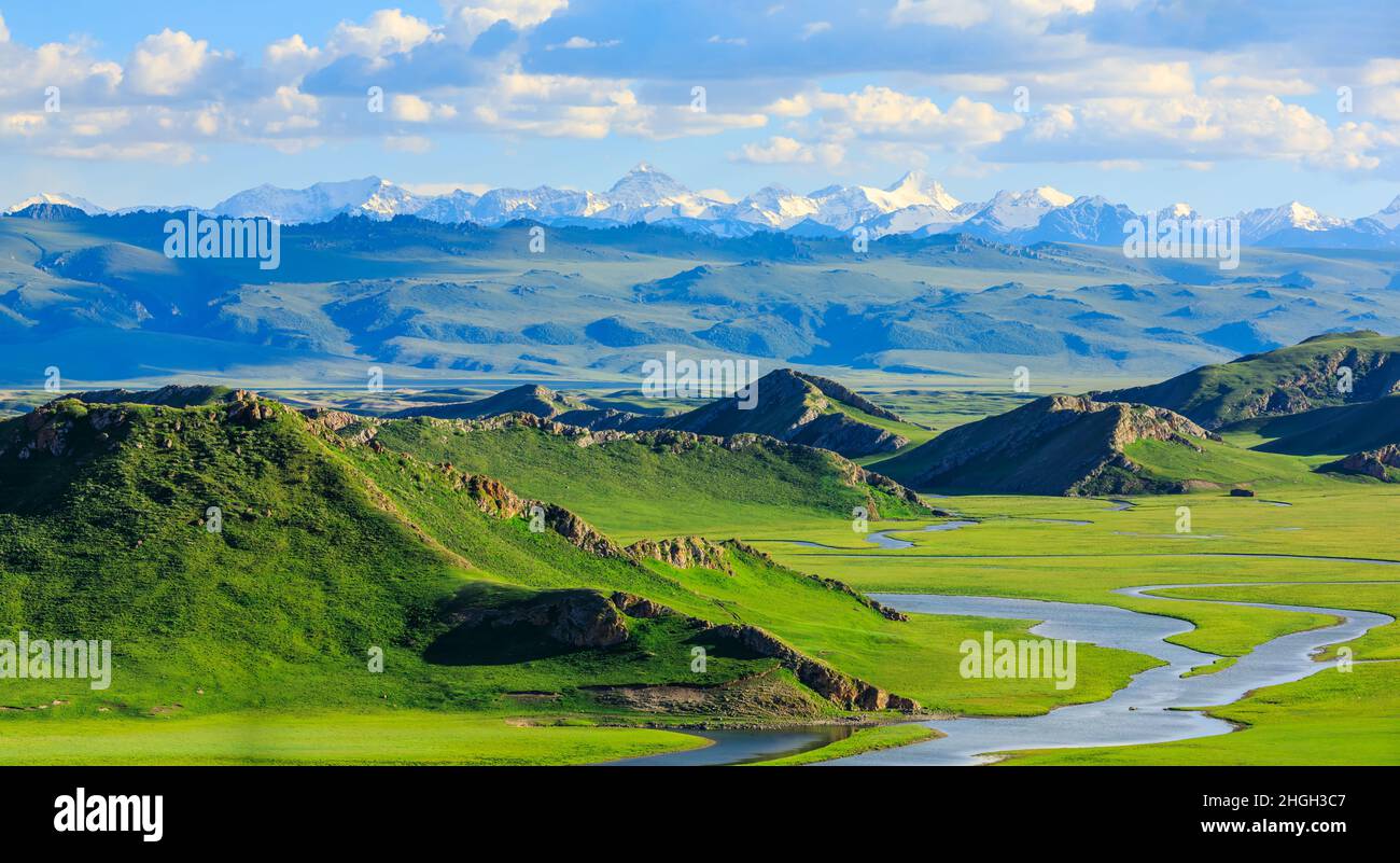 Bayinbuluke grassland natural scenery in Xinjiang,China.The winding ...