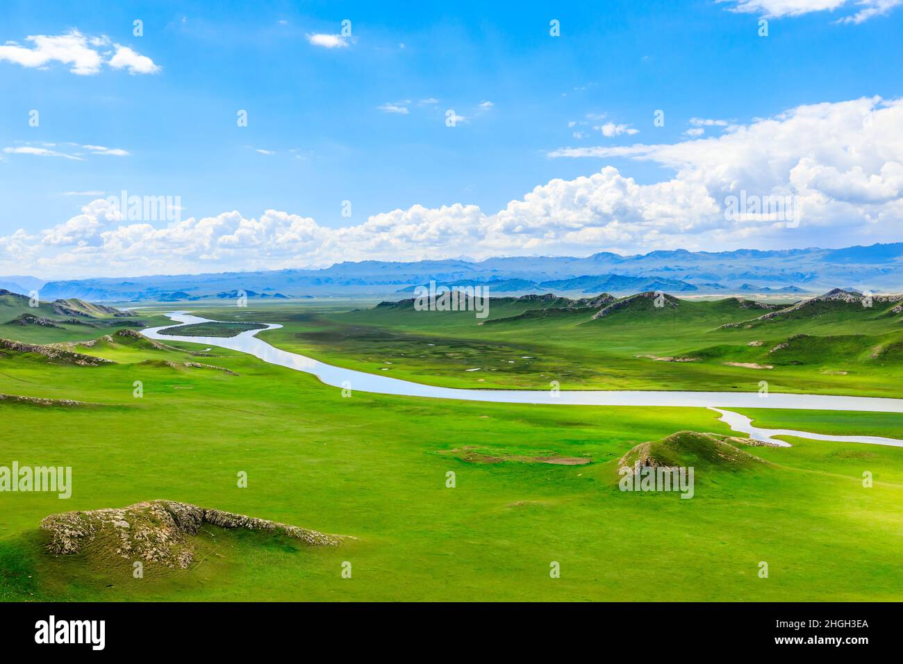 Bayinbuluke grassland natural scenery in Xinjiang,China.The winding ...