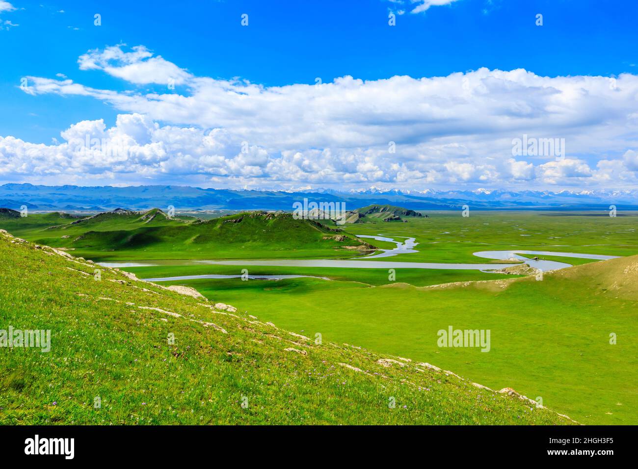Bayinbuluke grassland natural scenery in Xinjiang,China.The winding ...