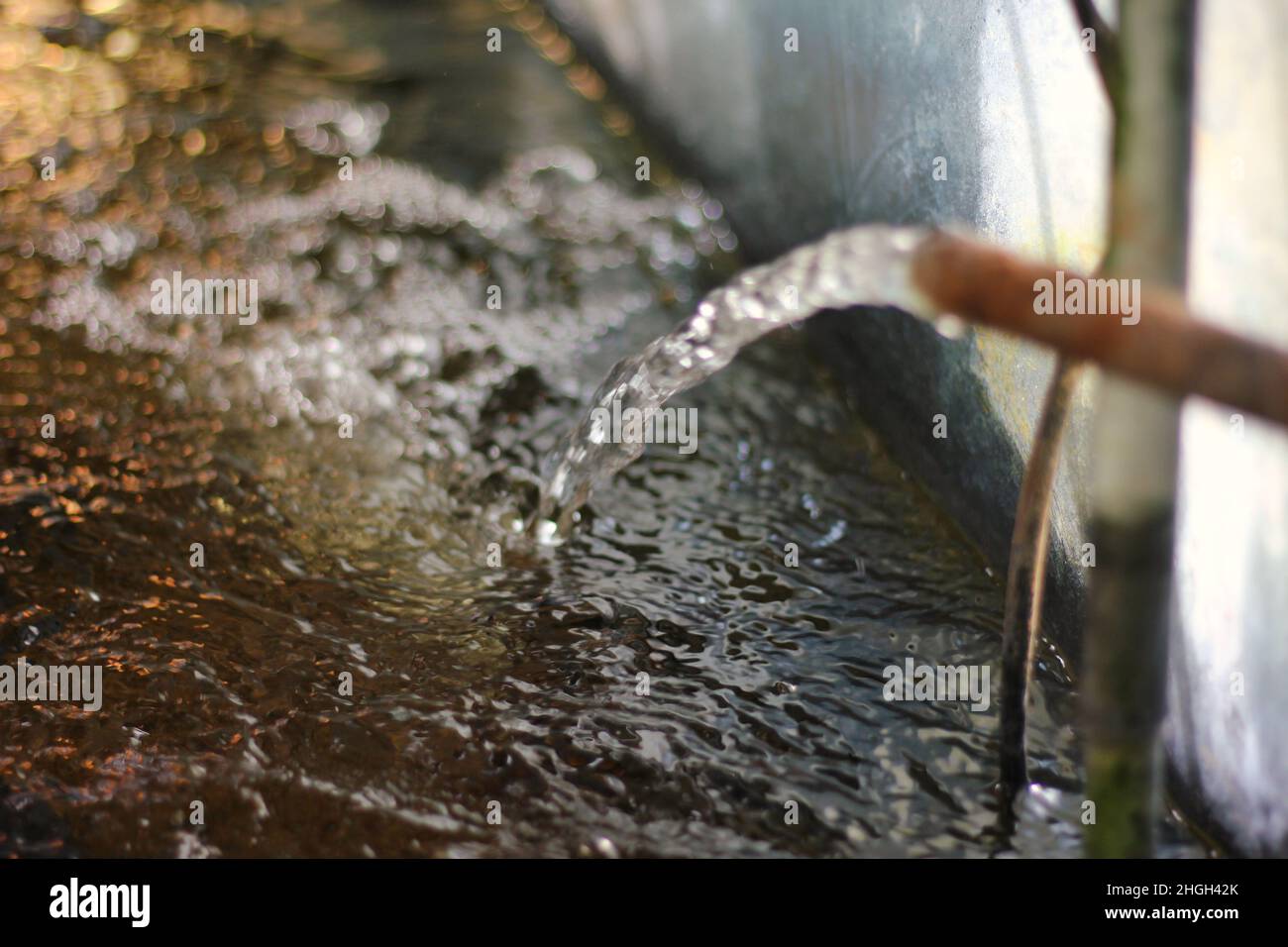 Fresh water flowing out of a rustic pipe into a tank Stock Photo - Alamy