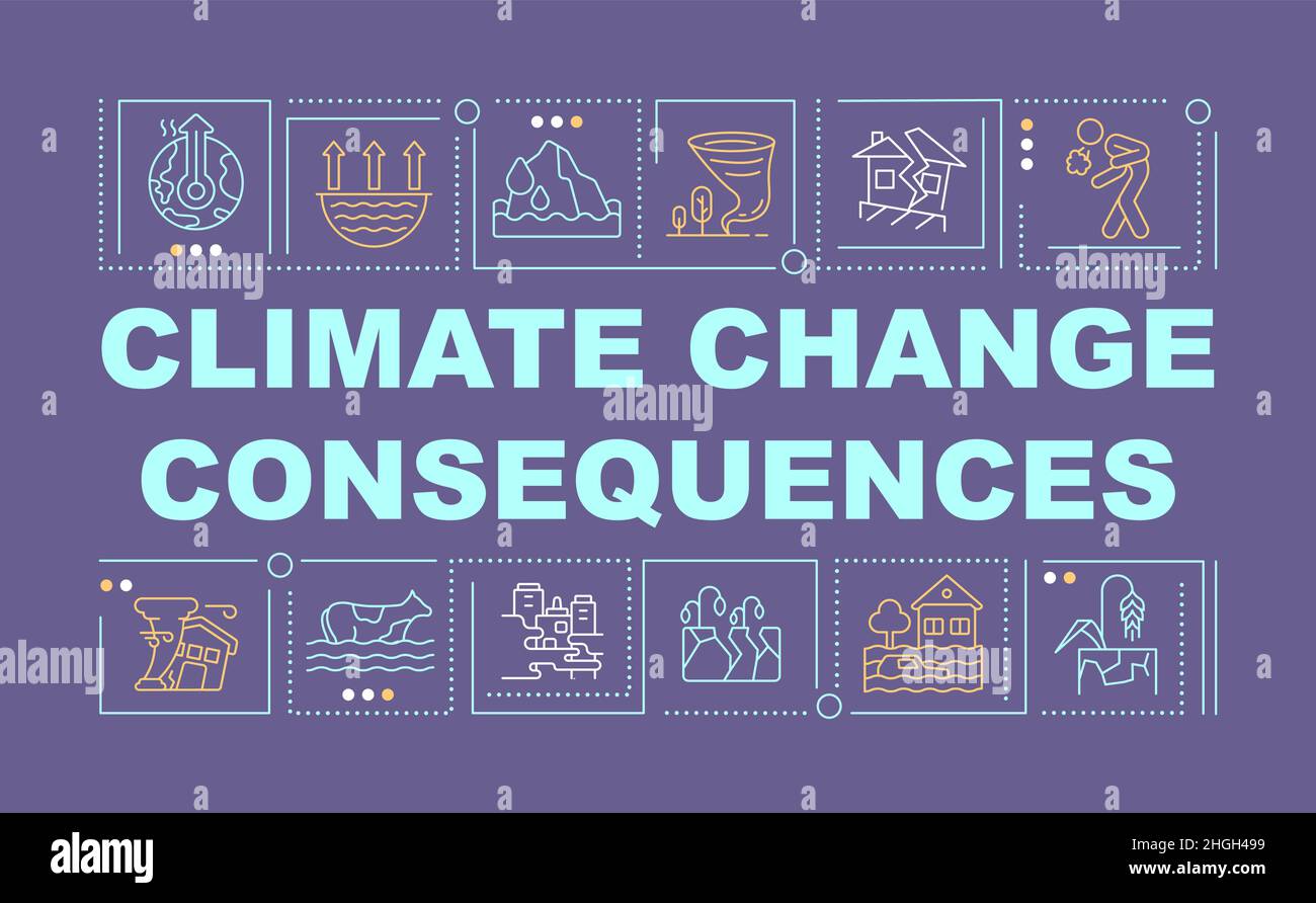 Climate change consequences word concepts dark purple banner Stock ...
