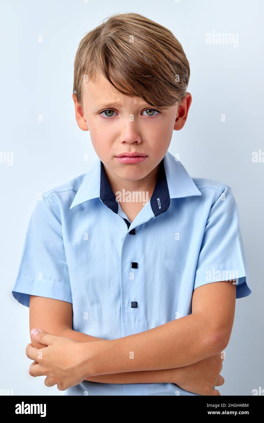 Crying Offended Child Boy Posing Isolated On White Background, Portrait ...