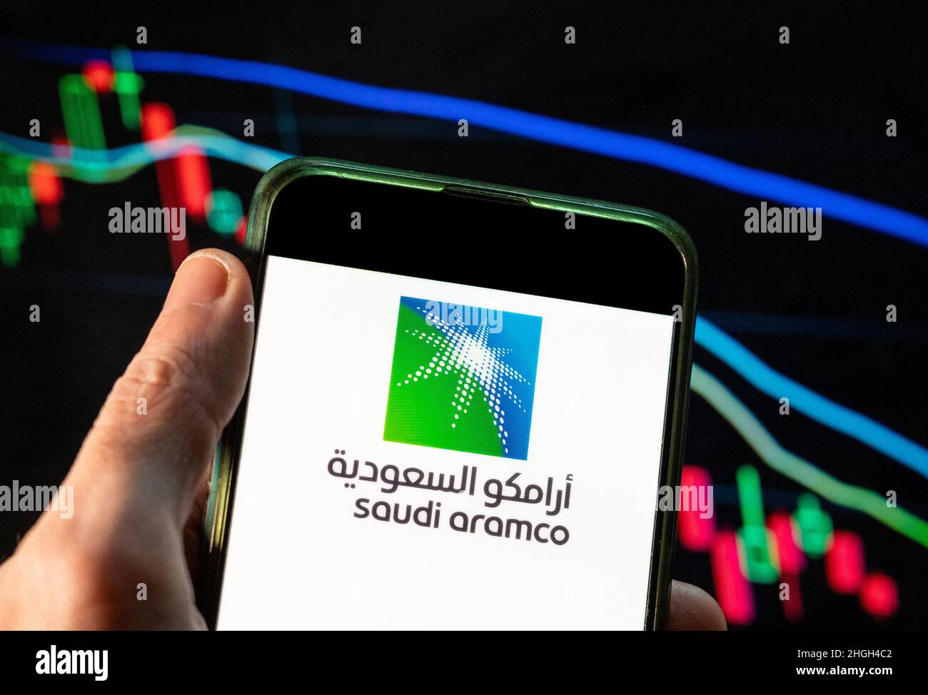 In this photo illustration the Saudi Arabian Oil Company, Saudi Aramco ...