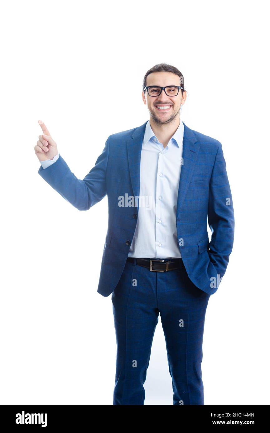 Confident businessman pointing up forefinger smiling isolated on white ...