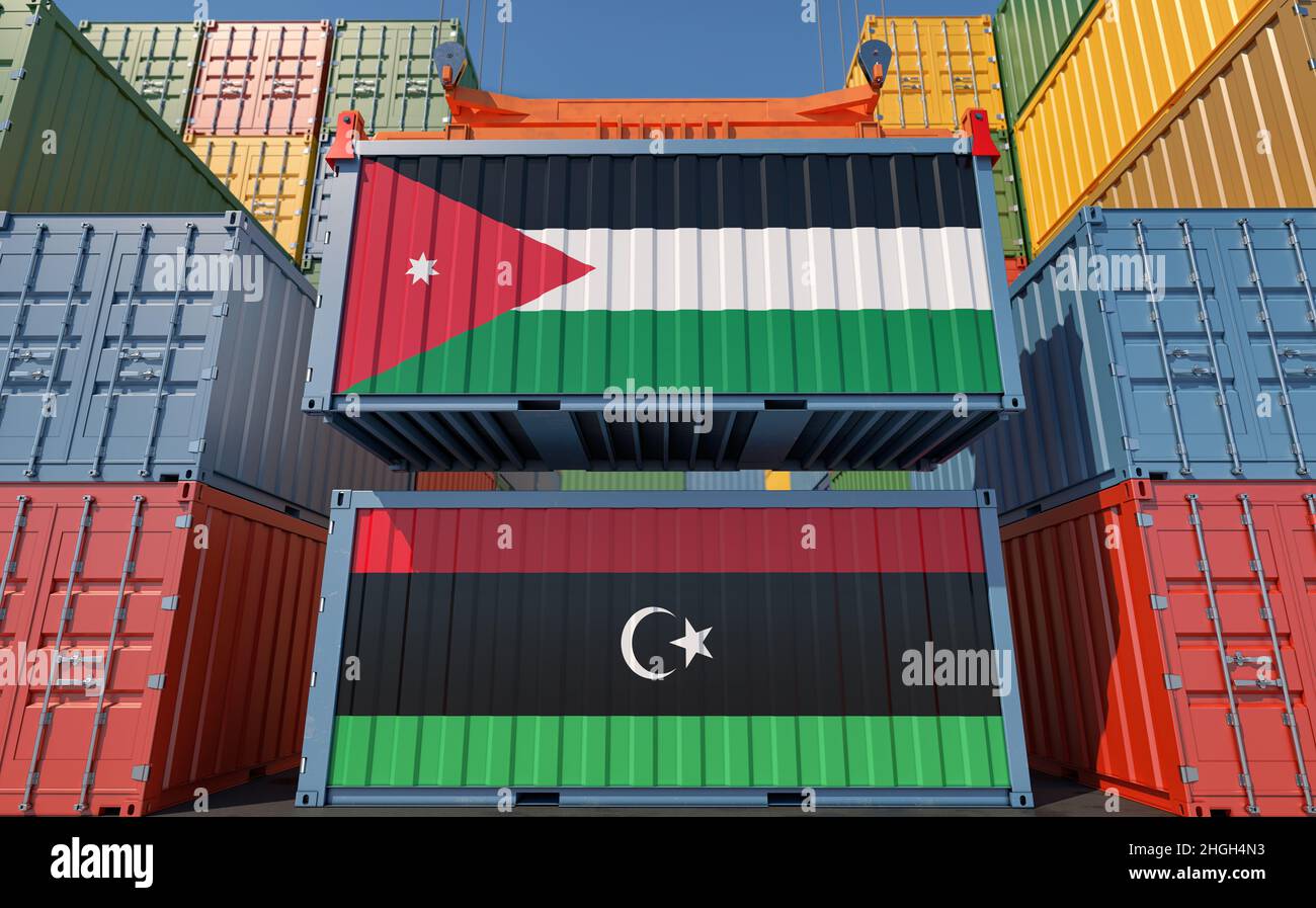 Freight containers with Jordan and Libya national flags. 3D Rendering ...