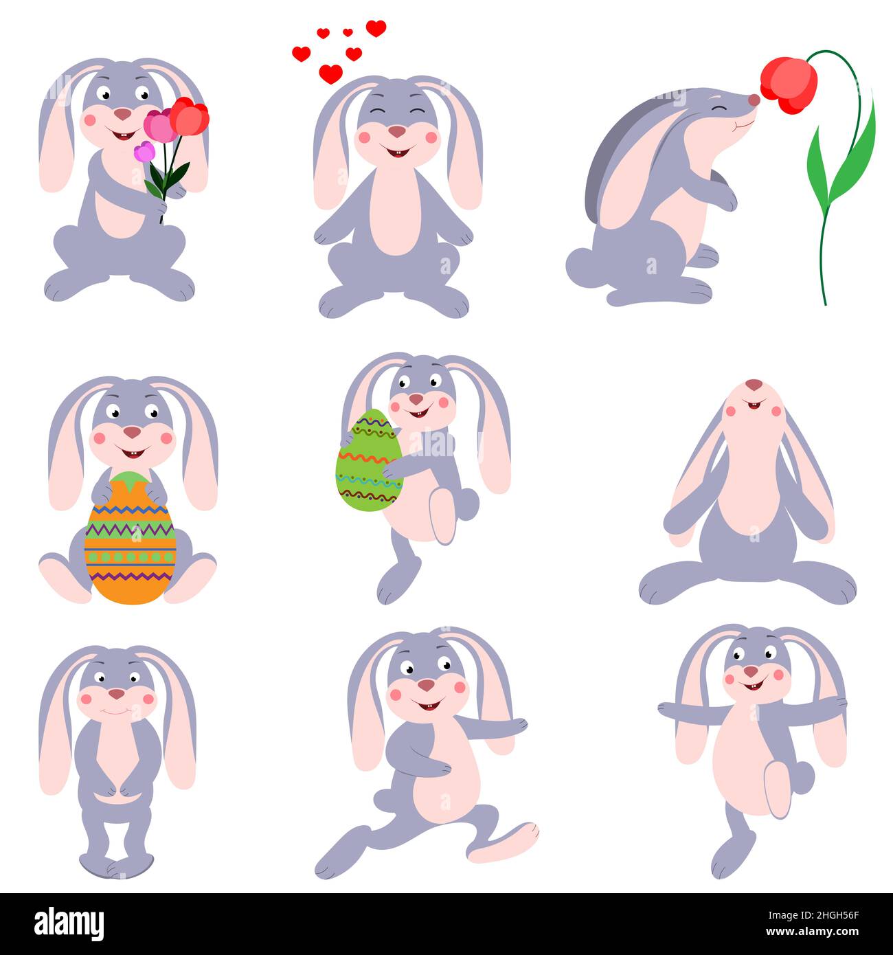 A set of cute cartoon Easter bunnies, vector isolated on a white ...