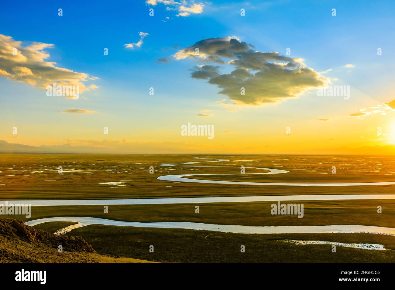 Bayinbuluke Grassland and winding river natural scenery in Xinjiang at ...