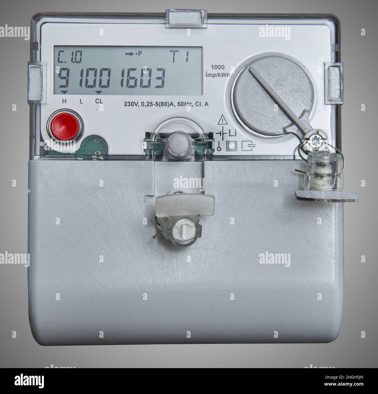 Digital electricity meter isolated on gray background Stock Photo - Alamy